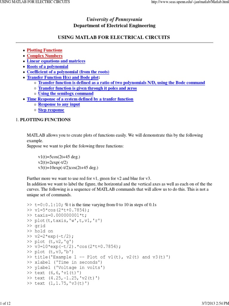Matlab For Electric Circuits | PDF | Complex Number | Algebra