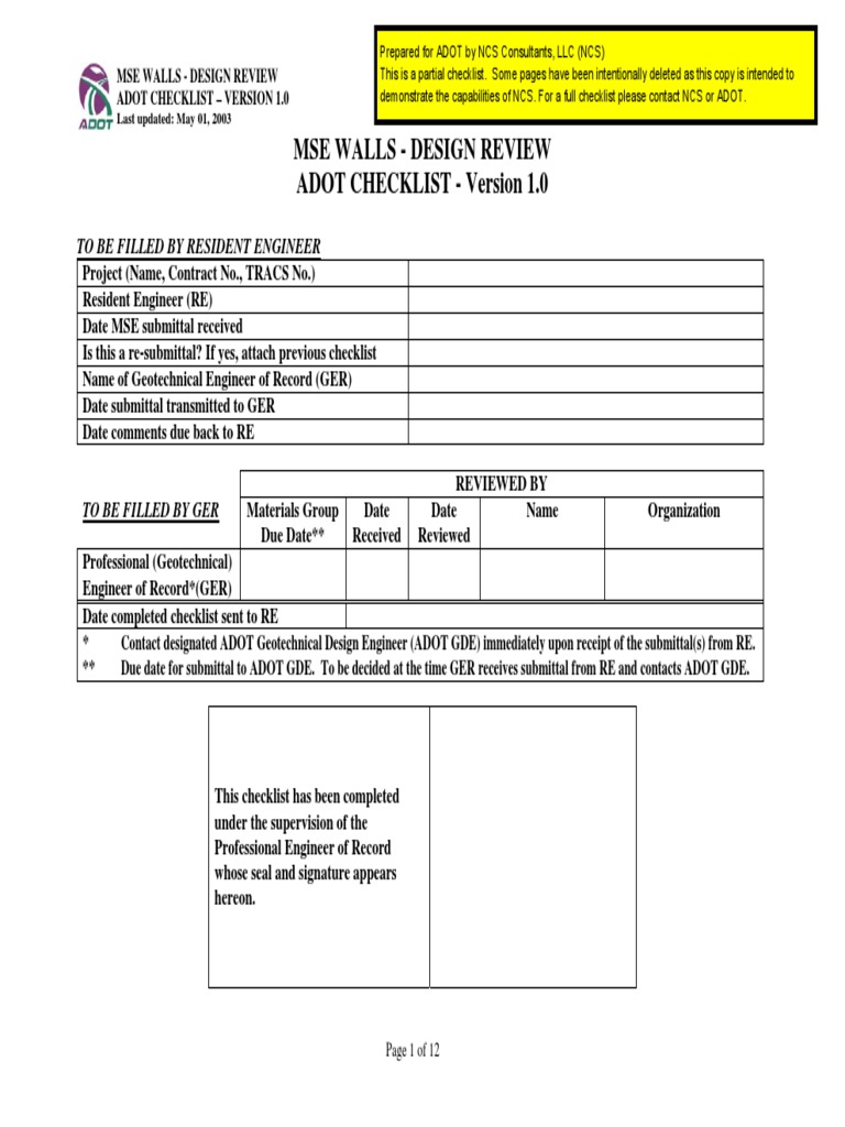Mse Walls - Design Review ADOT CHECKLIST - Version 1.0: To Be Filled by ...