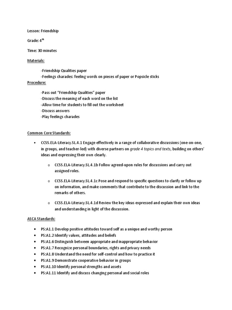 4th grade friendship lesson