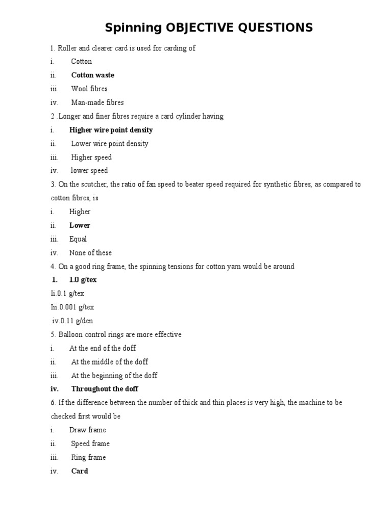 Spinning Objective Questions | PDF | Yarn | Spinning (Textiles)