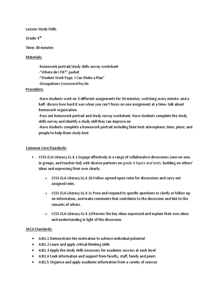 4th Grade Study Skills Lesson | PDF | Career & Growth | Language Arts ...