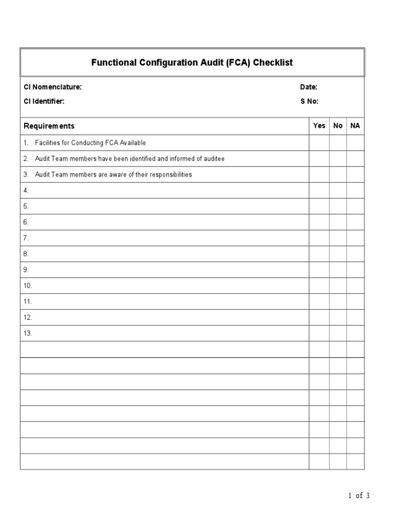 Functional Configuration Audit (FCA) Checklist: Requirements | PDF