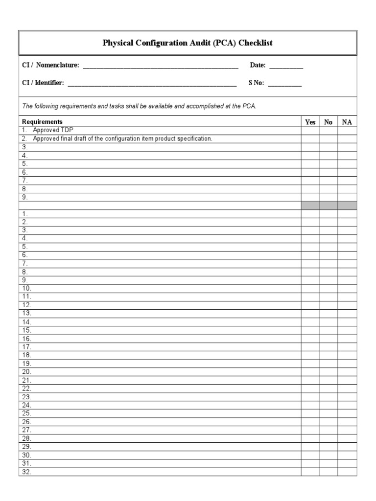 Physical Configuration Audit (PCA) Checklist | PDF