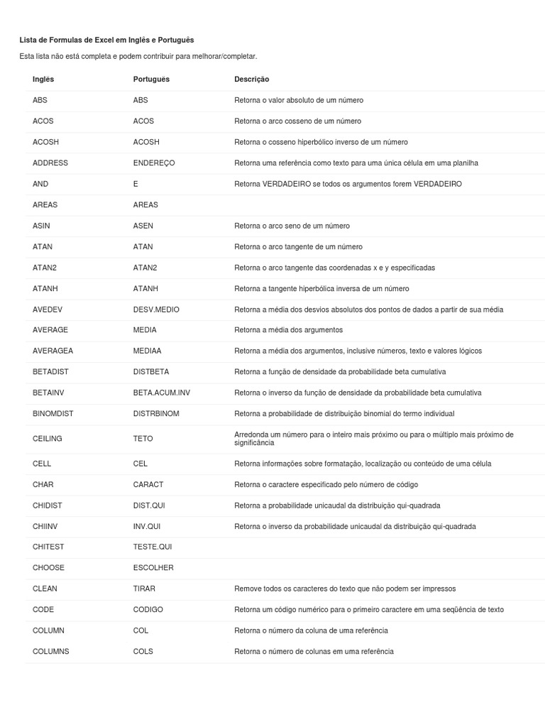 Lista de Formulas de Excel em Inglês e Português | PDF | Desvio Padrão ...