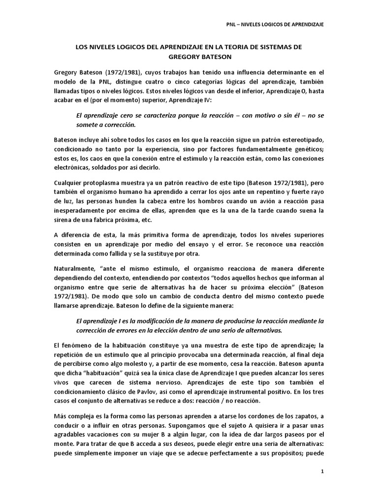 Los Niveles Logicos Del Aprendizaje en La Teoria de Sistemas de Gregory ... Los Niveles Logicos Del Aprendizaje en La Teoria de Sistemas de Gregory ...