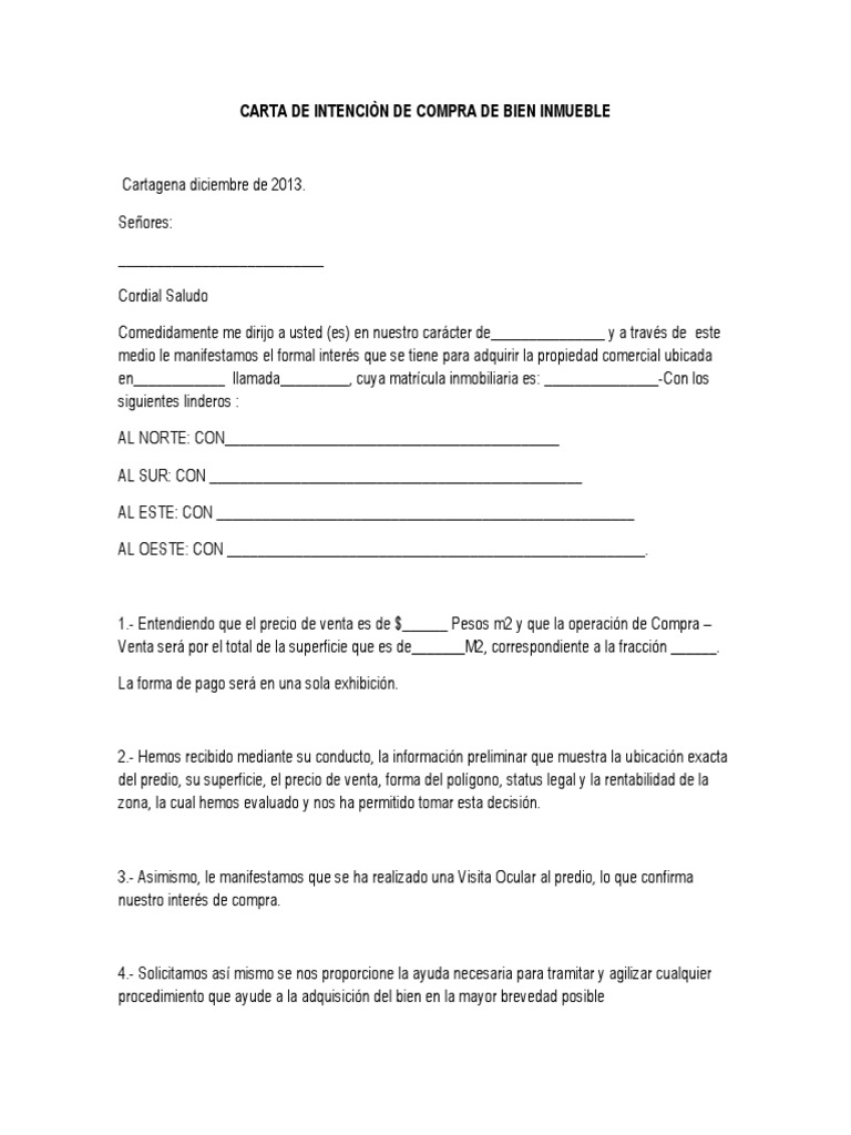 CARTA DE INTENCIÒN DE COMPRA DE BIEN INMUEBLE