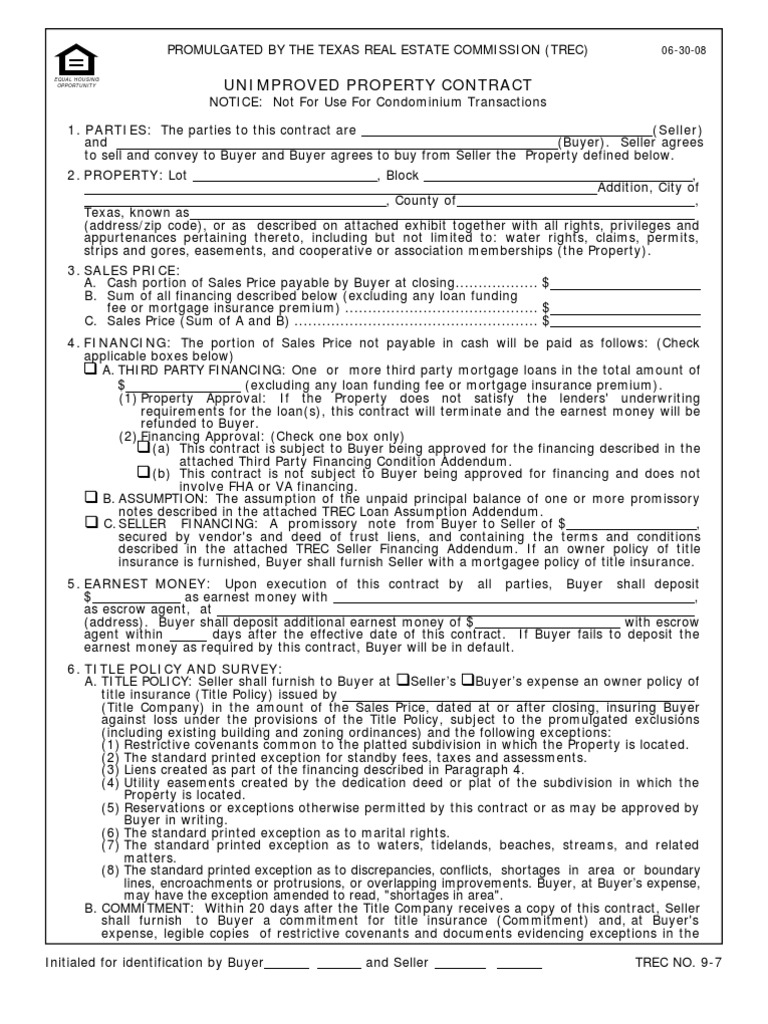 Unimproved Property Contract | PDF | Real Estate Broker | Title Insurance