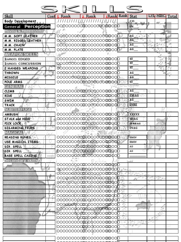 Rolemaster Character Skill Sheet | PDF | Role Playing Games | Role Playing