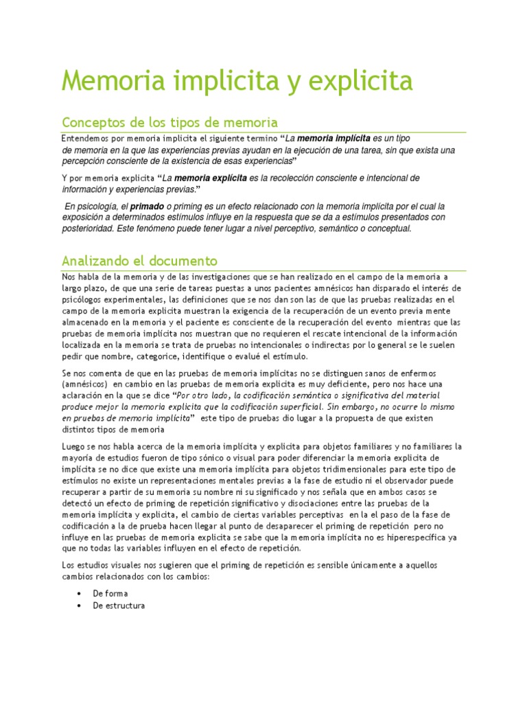 Memoria Implícita vs. Explícita: Claves y Pruebas | PDF | Cebado ...