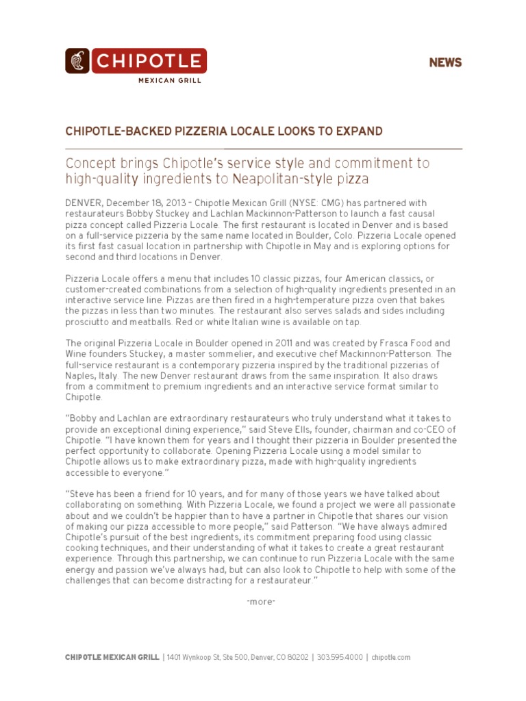 Chipotle Press Release On Pizzeria Locale | Download Free PDF ...