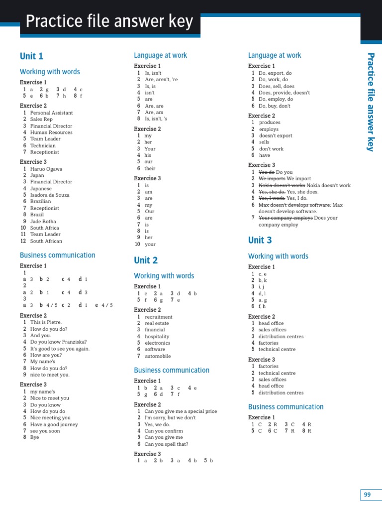 Practice File Answer Key: Unit 1 | PDF | Business (General) | Business