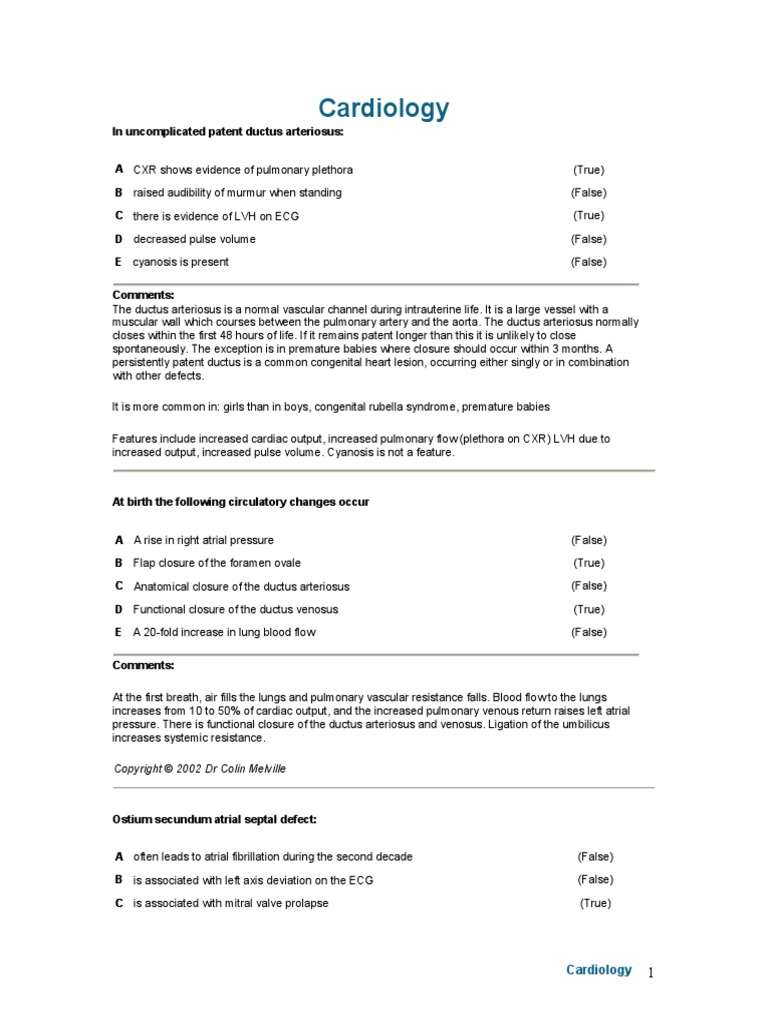 Cardiology MCQ | PDF