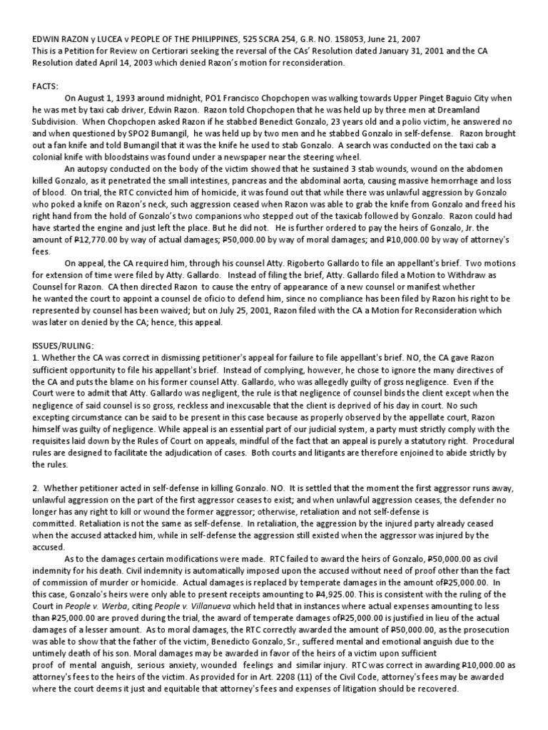 Razon v People of the Philippines (Self Defense Case | PDF | Brief (Law ...