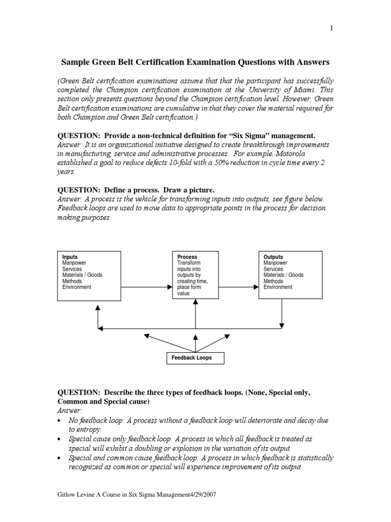 Sample Green Belt Examination Questions | PDF | Six Sigma | Standard ...