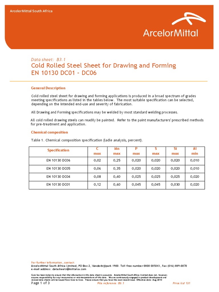 BS en 10130 DC01 Datasheet b3.1 | PDF | Strength Of Materials | Yield ...
