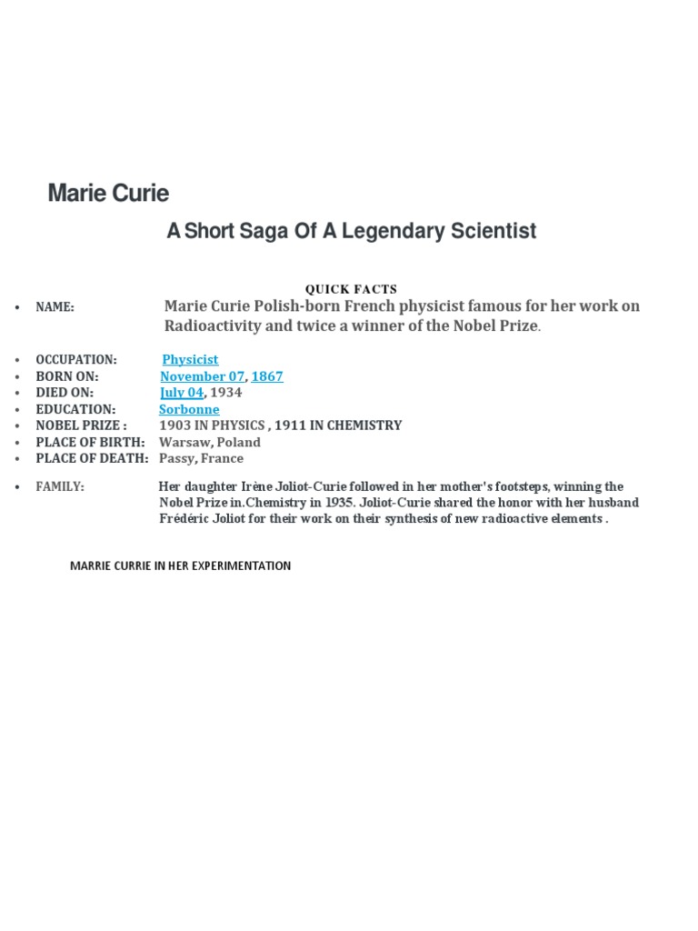 Marie Curie: A Short Saga of A Legendary Scientist | PDF | Social Science
