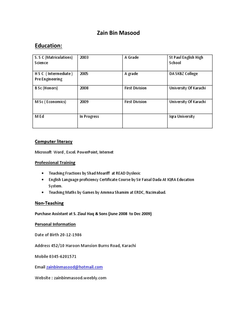 Zain Bin Masood Education:: Computer Literacy | PDF