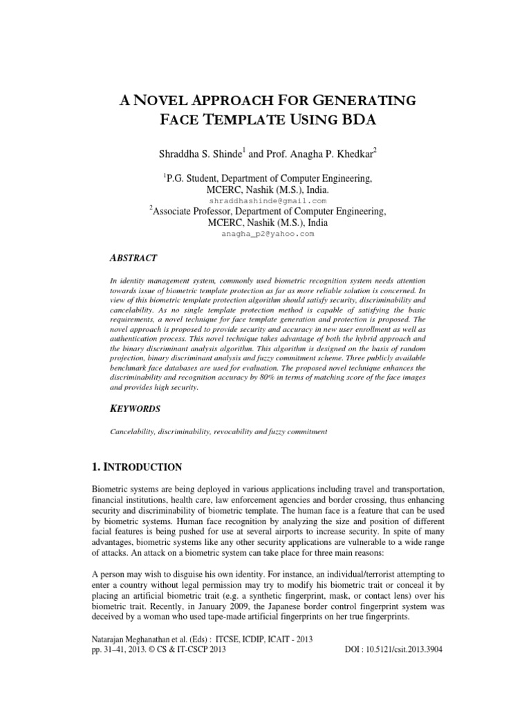 A Novel Approach For GA NOVEL APPROACH FOR GENERATING FACE TEMPLATE ...