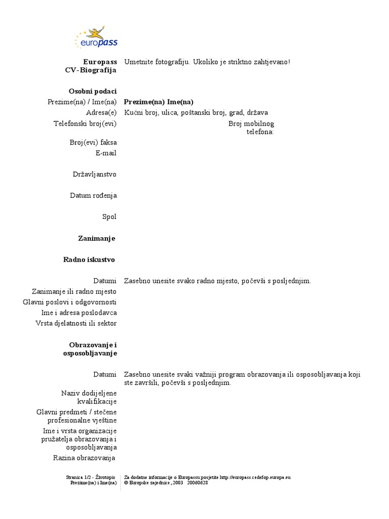 Prijedlog Biografije CV | PDF