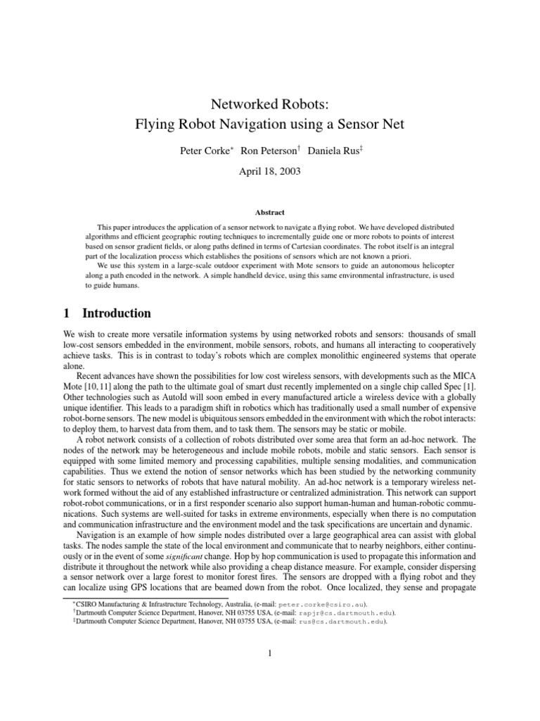 Networked Robots: Flying Robot Navigation Using A Sensor Net | PDF | Routing | Wireless Sensor ...