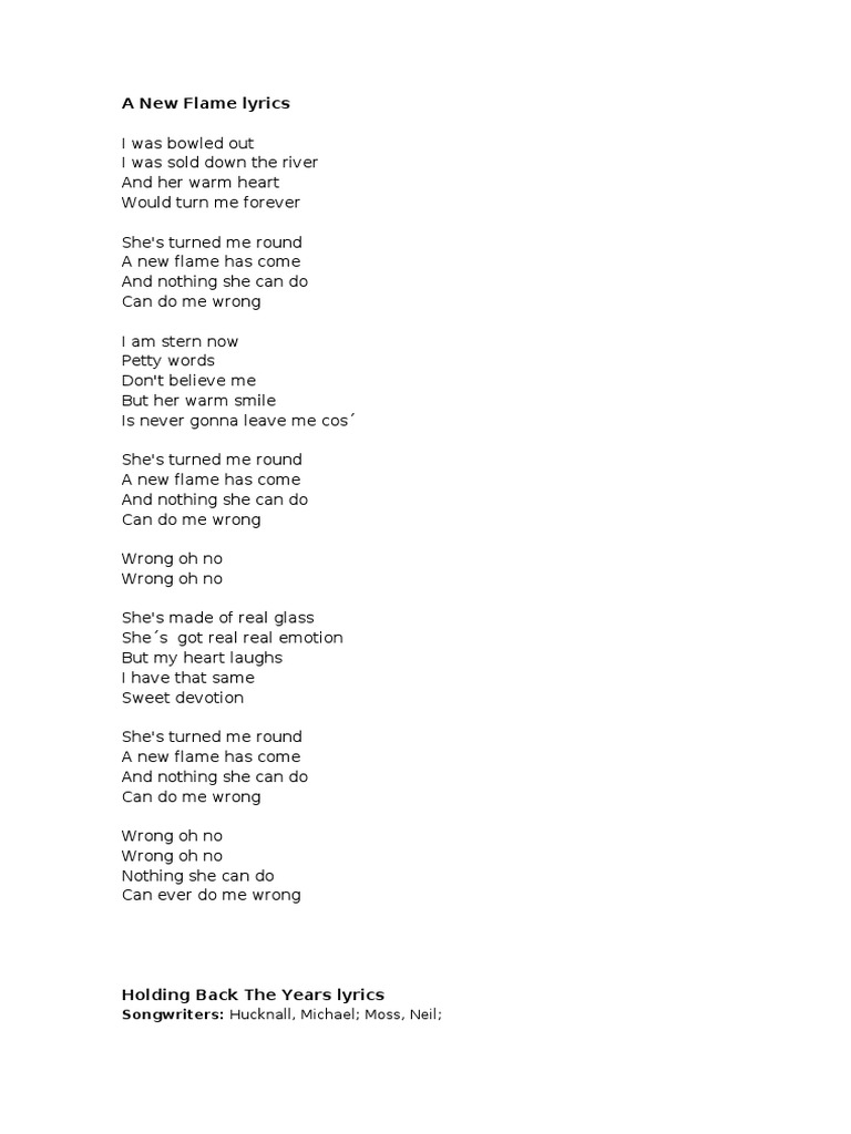 A New Flame Lyrics: Songwriters: Hucknall, Michael Moss, Neil | PDF ...