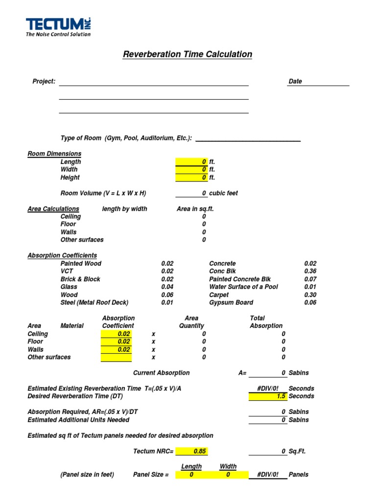 Reverberation Time Calculation Sheet | PDF | Teaching Methods ...
