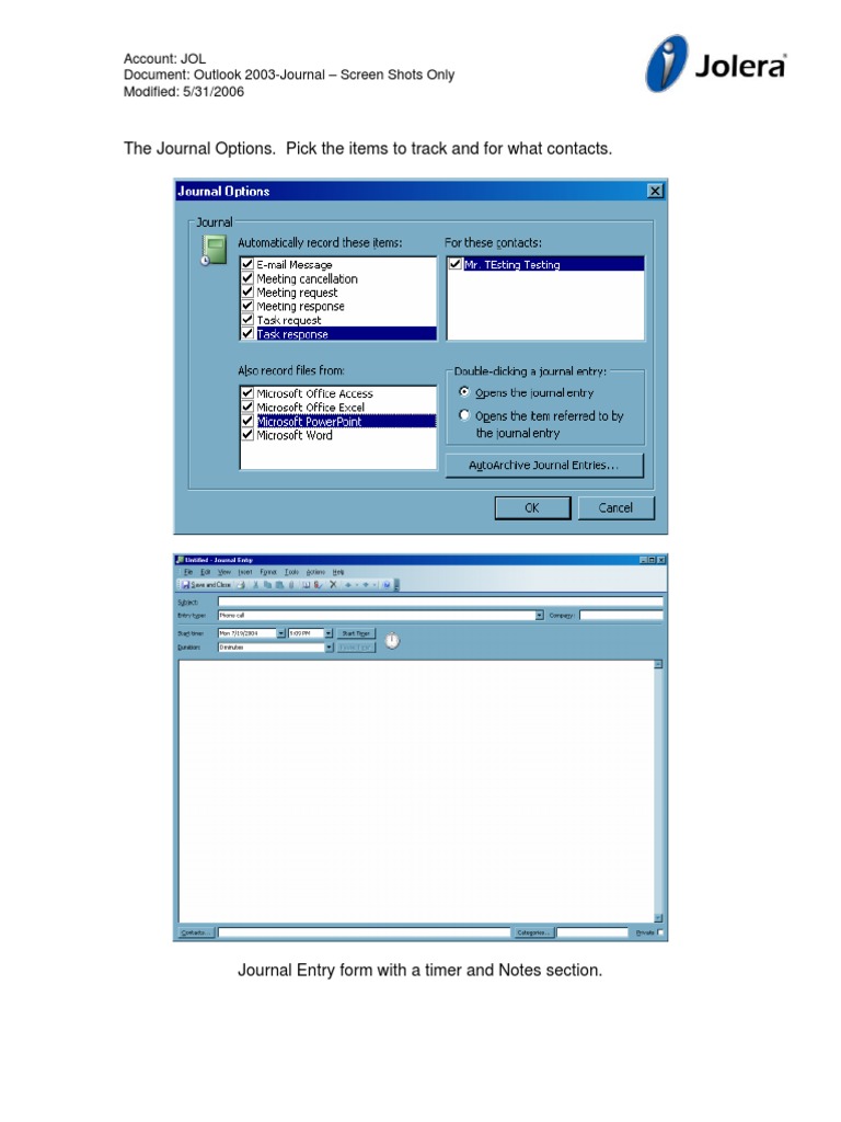 Outlook 2003 Journal Screen Shots Guide | PDF | Technology & Engineering