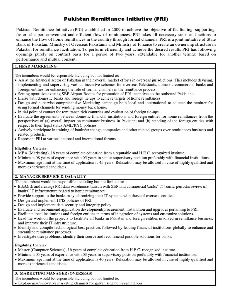 Pakistan Remittance Initiative (PRI) : 1. Head Marketing | PDF ...