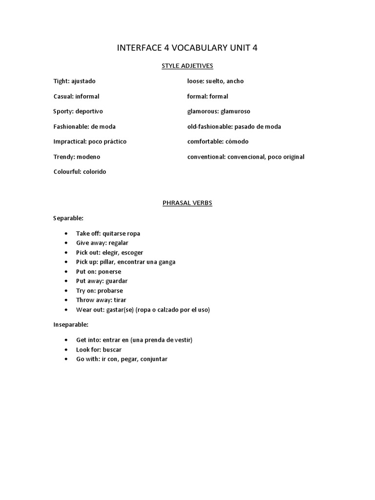 Interface 4 Vocabulary Unit 4 | PDF