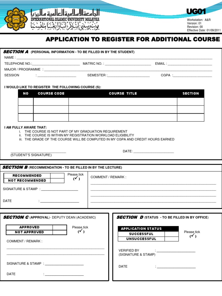 UG01 - Application To Register For Additional Course Ver01 Rev00 ...