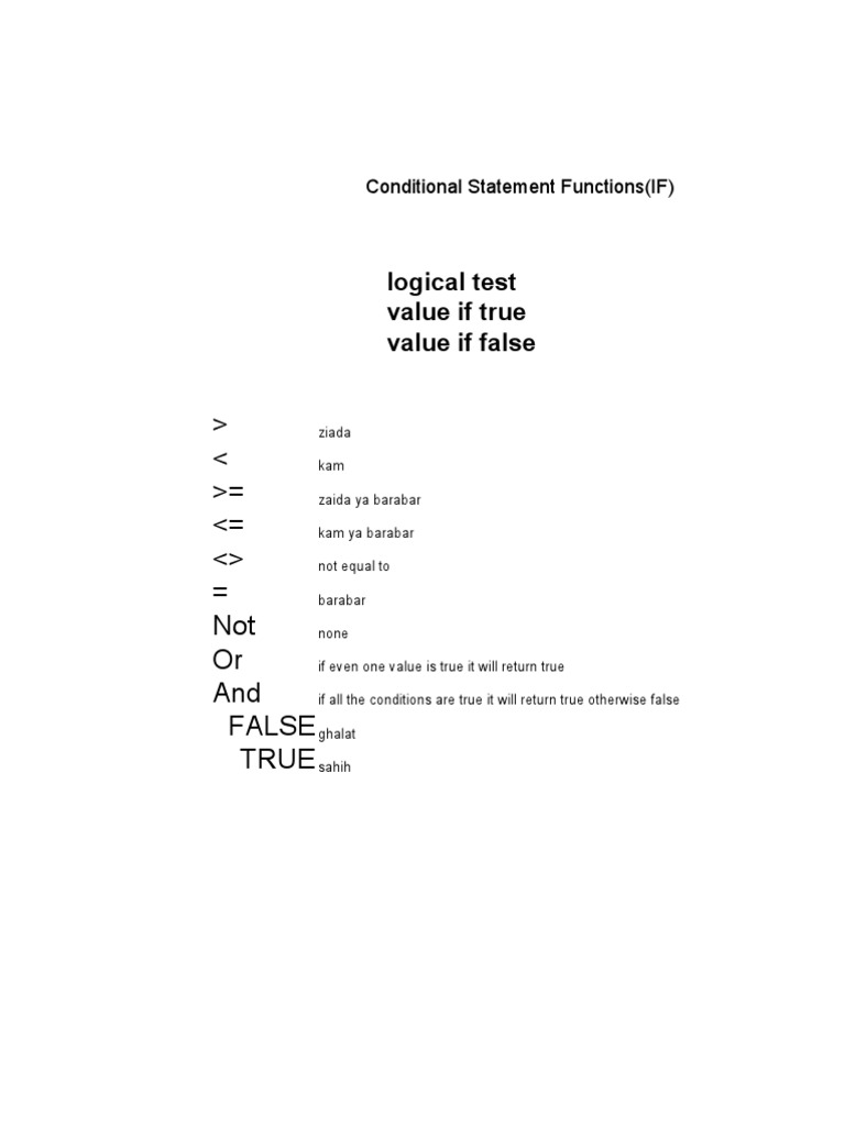 Not or and False True: Logical Test Value If True Value If False | PDF