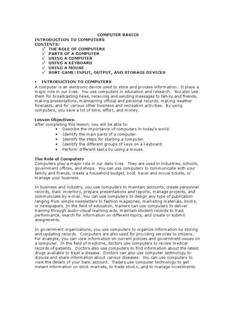 Computer Basics Introduction To Computers Contents | PDF | Computer ...