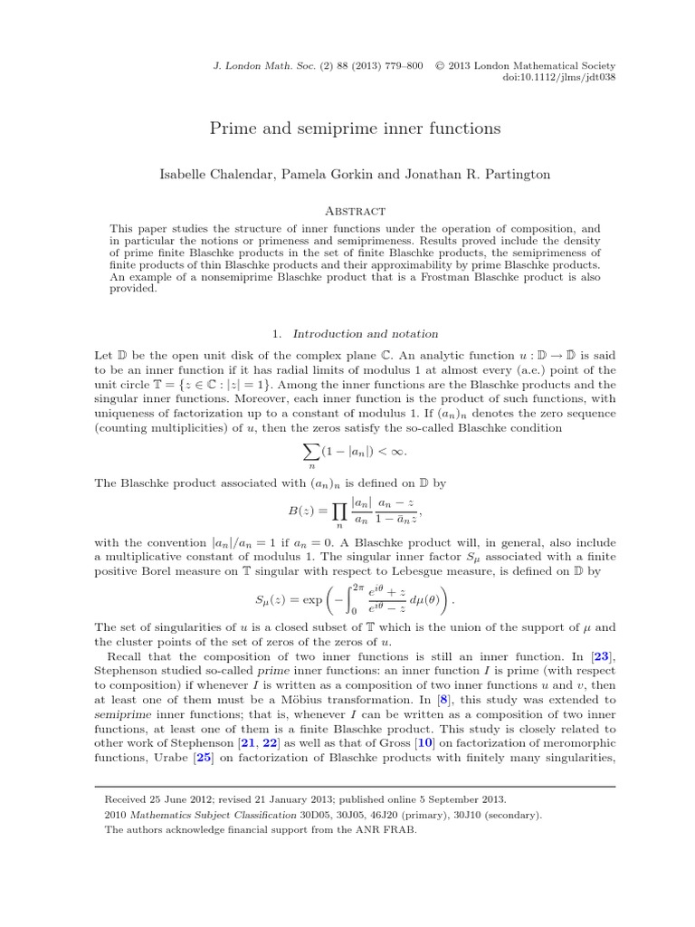 Prime and Semiprime Inner Functions - I.chalendar Et Al | PDF | Prime ...