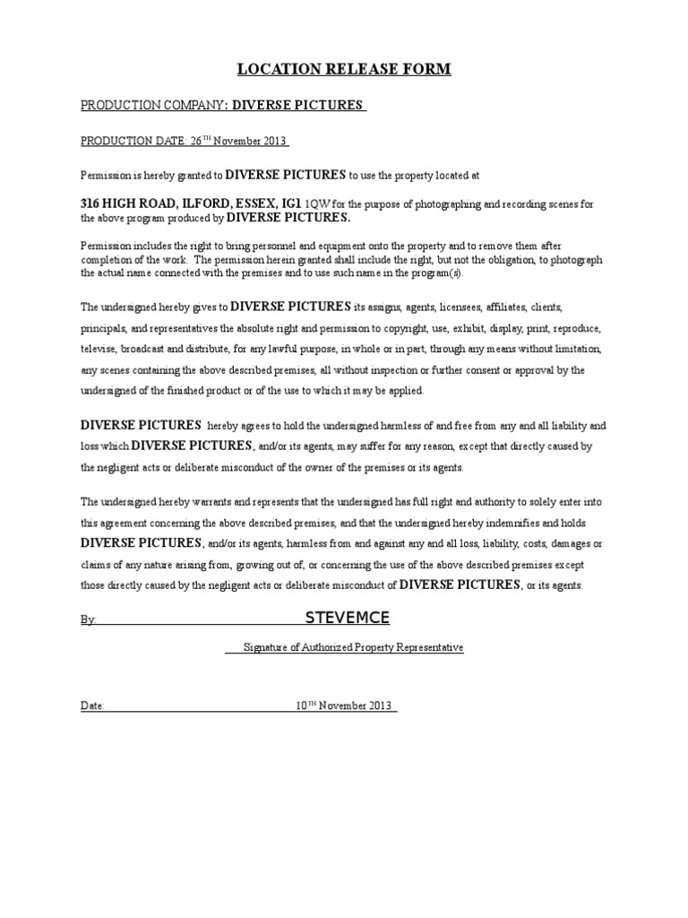 Location Release Form | PDF | Language Arts & Discipline | Home & Garden