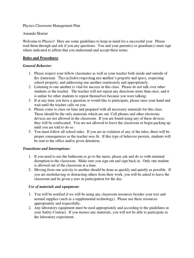 Physics Classroom Management Plan | PDF | Homework | Behavior Modification