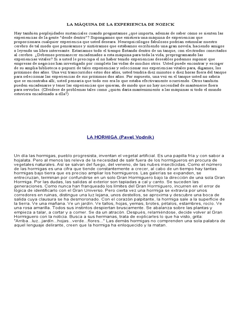 La Máquina de La Experiencia de Nozick | PDF | Hormiga | Sicología