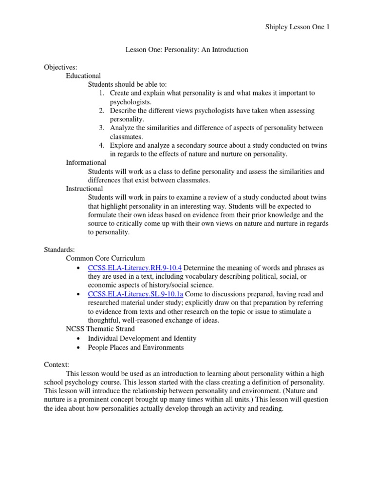 Lesson 1 | PDF | Nature Versus Nurture | Curriculum