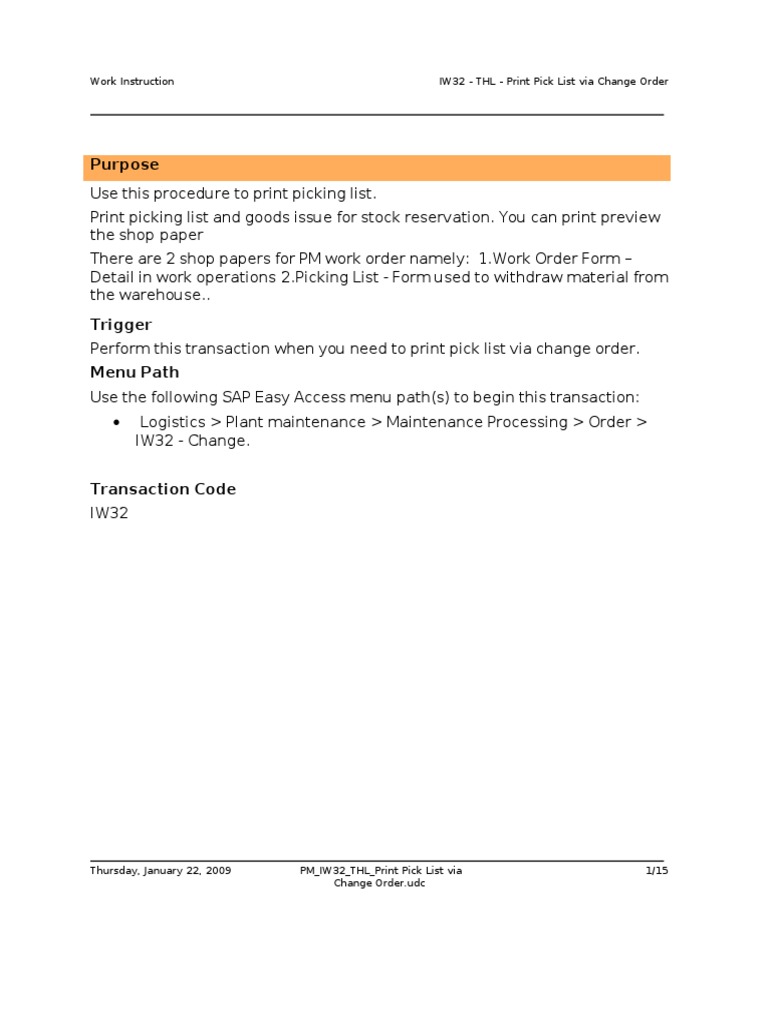 PM - IW32 - THL - Print Pick List Via Change Order | PDF | Computing ...