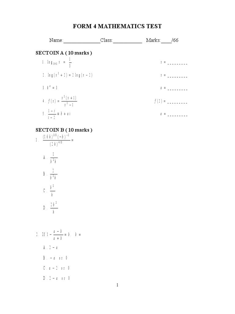 Mathematics Test Form 4 | PDF
