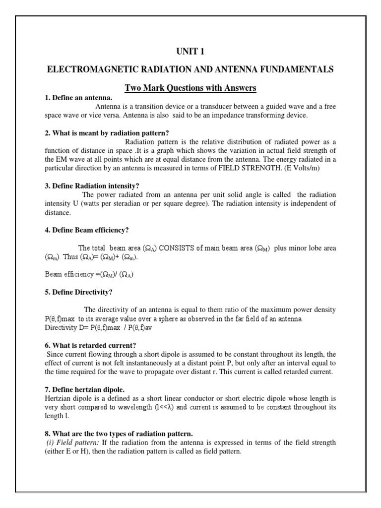 Unit 1 Electromagnetic Radiation and Antenna Fundamentals Two Mark ...