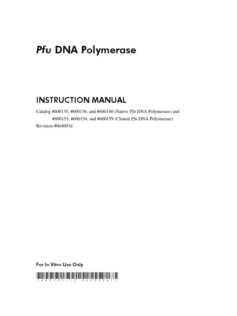 Pfu DNA Polymerase: Instruction Manual | PDF | Polymerase Chain Reaction | Primer (Molecular ...