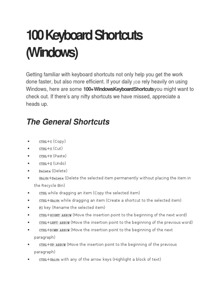100 Keyboard Shortcuts | PDF | Keyboard Shortcut | Computer Keyboard