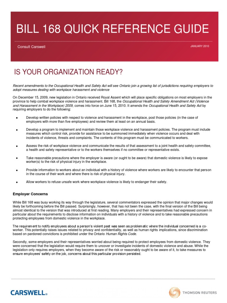 Bill 168 Carswell C168 Quick Guide | PDF | Occupational Safety And ...