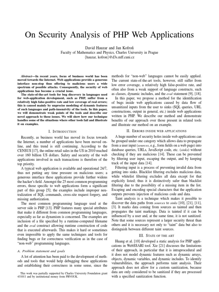 On Security Analysis of PHP Web Applications: David Hauzar and Jan Kofro N | Download Free PDF ...