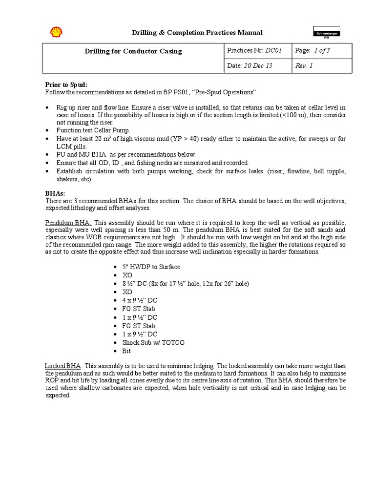 Drilling & Completion Practices Manual Drilling For Conductor Casing ...