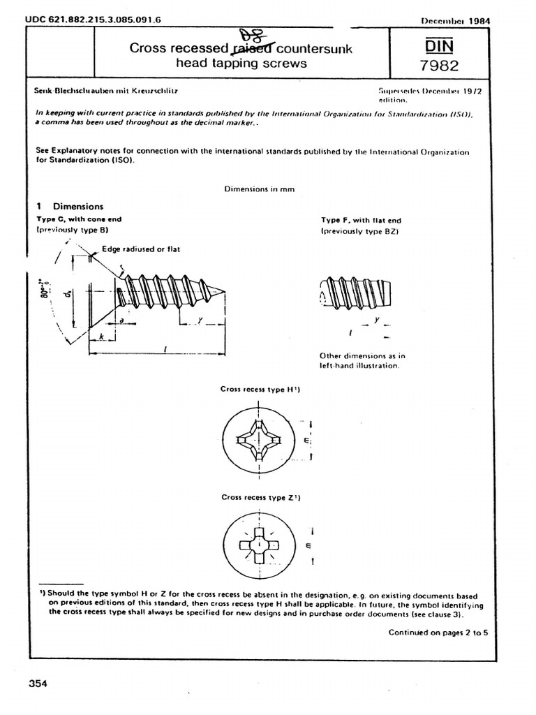 DIN 7982 - 1984: Cross Recessed Countersunk Head Tapping Screws. | PDF