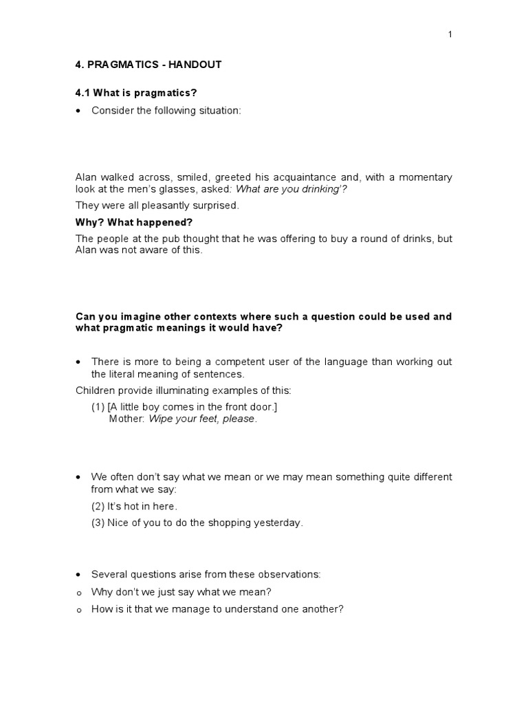 Pragmatics Handout | PDF | Proposition | Semiotics