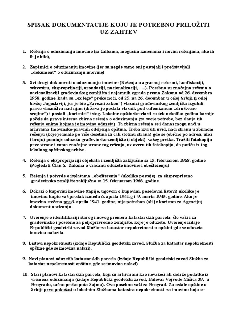 Potrebni Spisak Dokumentacije Uz Zahtev | PDF