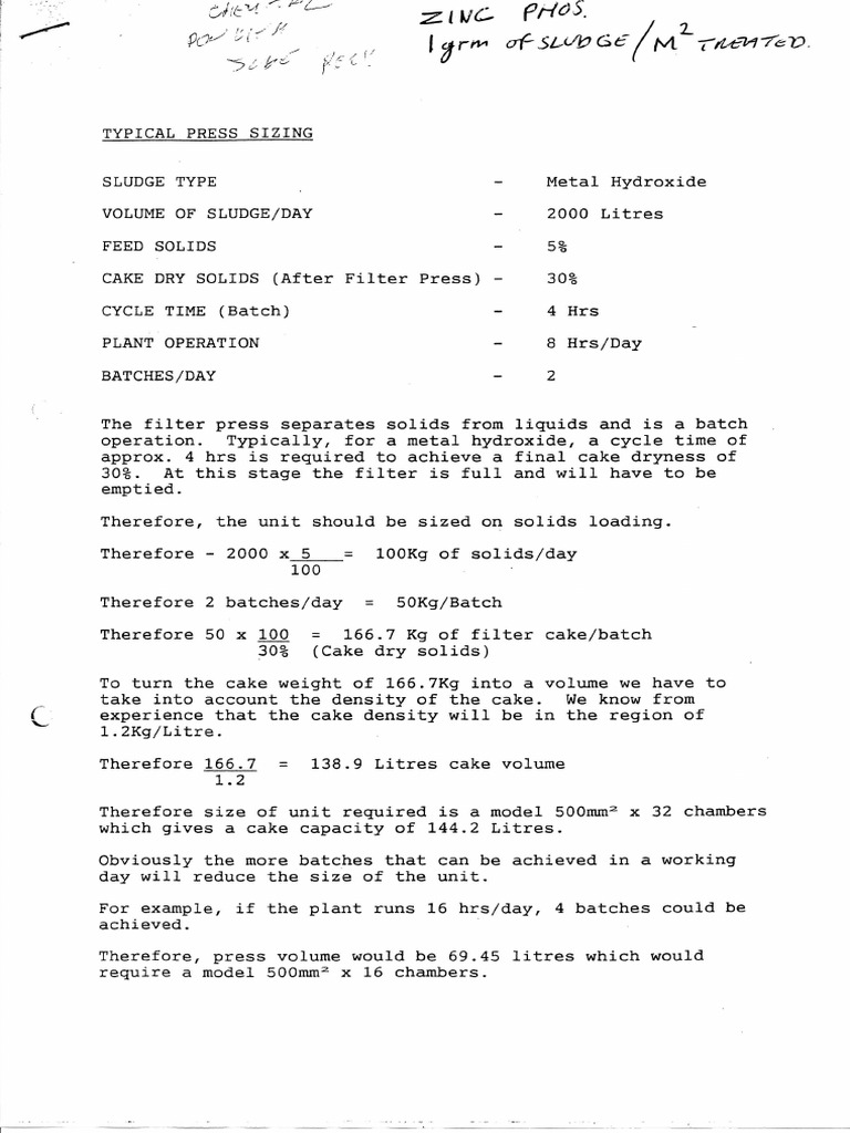 Filter Press Sizing Calculations. | PDF