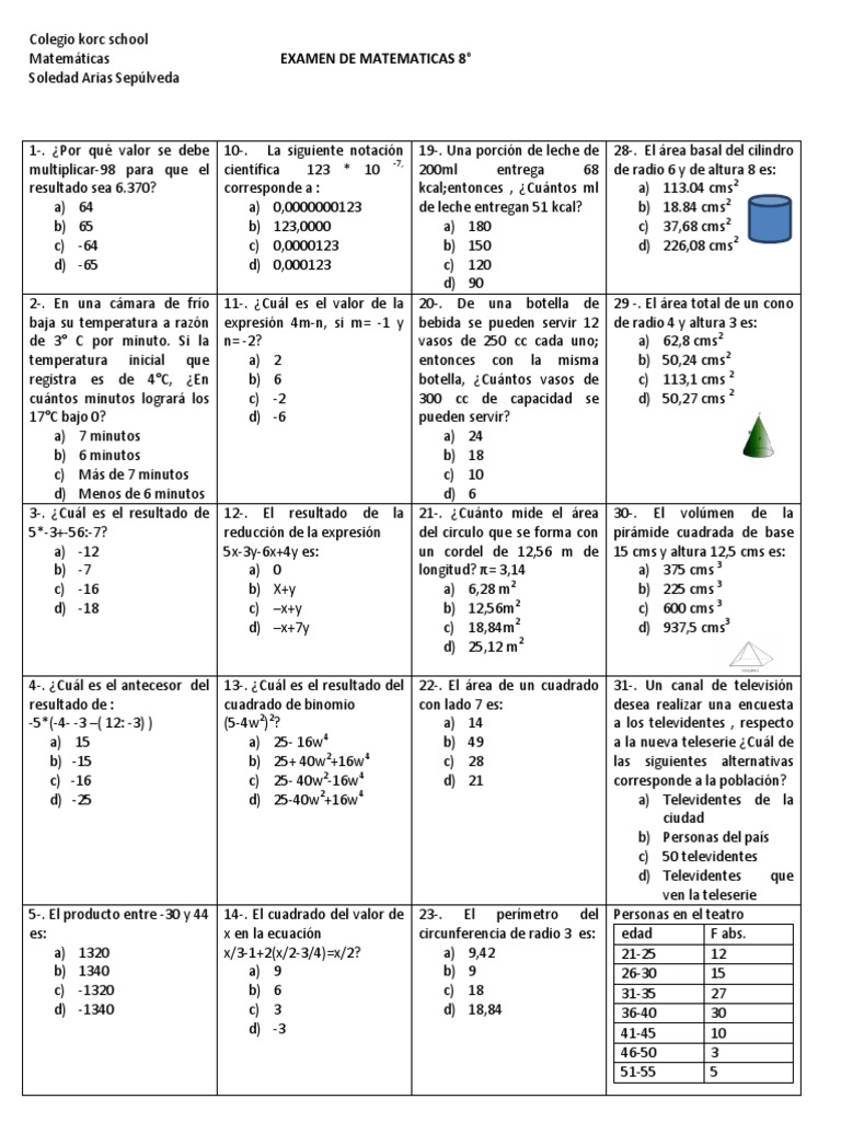 Examen 8 Basico | PDF | Espacio | Matemática Elemental